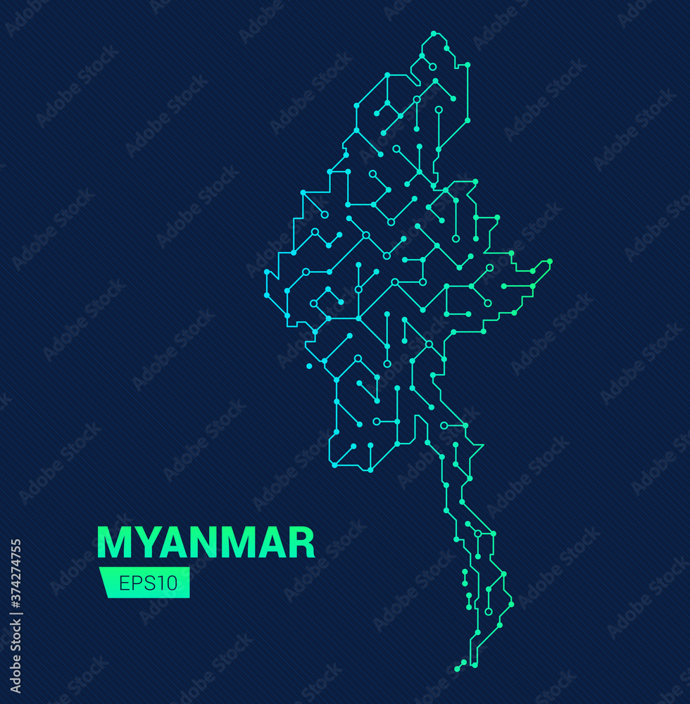 Abstract futuristic map of Myanmar. Electric circuit of the country ...