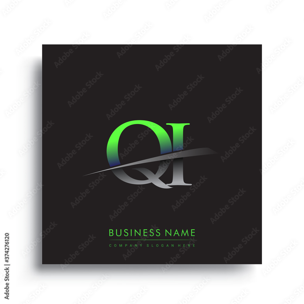 initial letter QI logotype company name colored blue and green swoosh ...