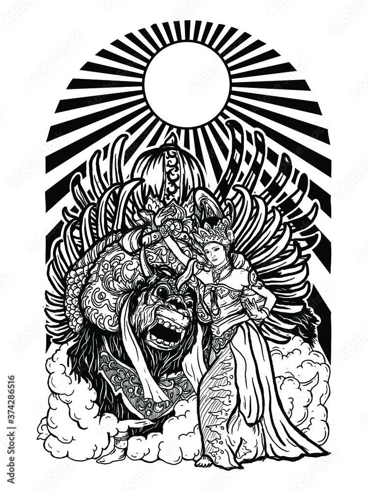 tattoo and t-shirt design black and white hand drawn barong gandrung ...