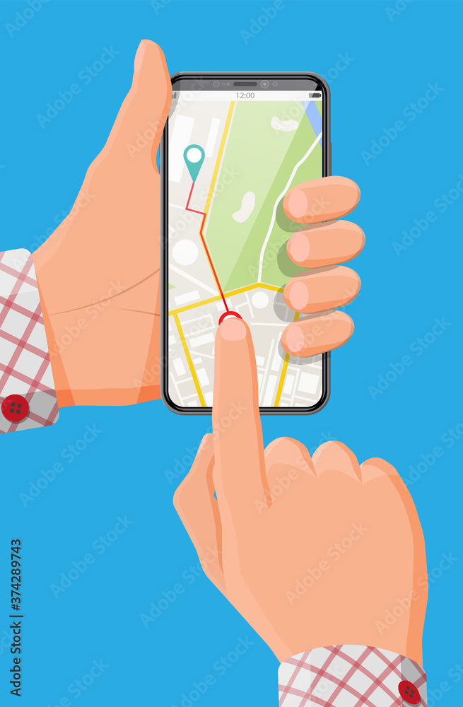 Modern smartphone with map and marker in hand. GPS navigation in phone ...