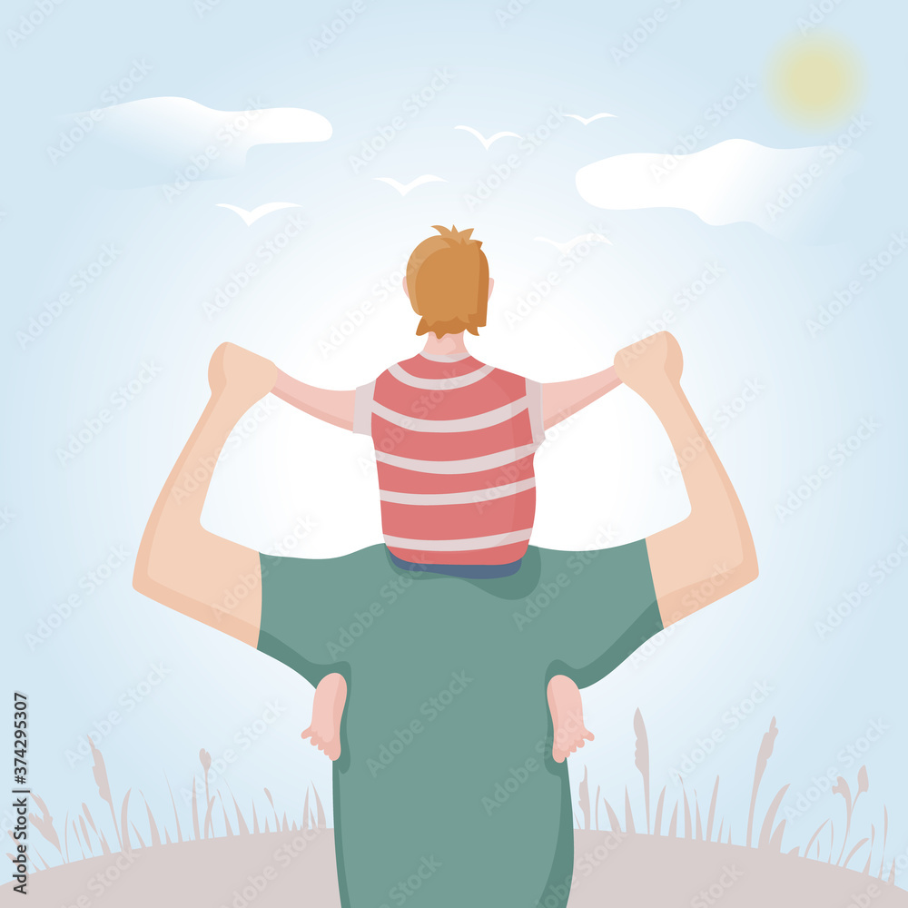 Portrait of a man and his little son. the boy sits on his father's ...