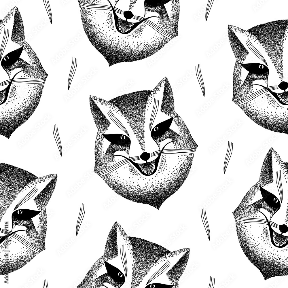 seamless pattern with fox face. sly fox smiles. handmade illustration ...