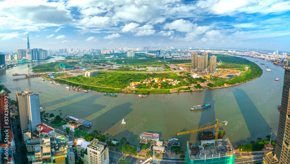 Panorama High view Saigon skyline when the sun shines down urban with ...