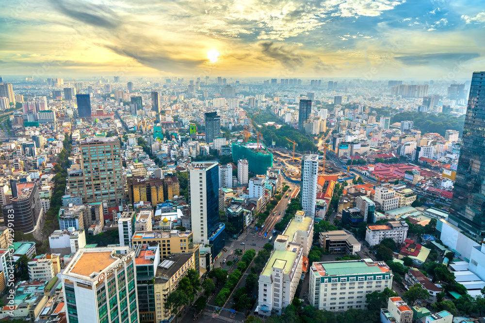High view Saigon skyline when the sun shines down urban areas with tall ...