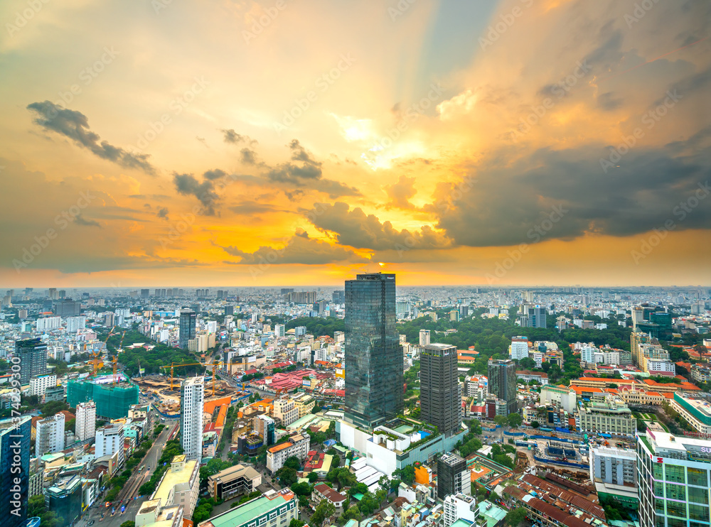 High view Saigon skyline when the sun shines down urban areas with tall ...