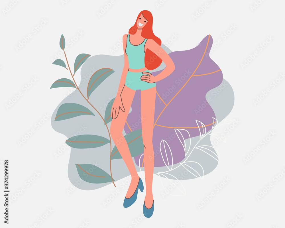 Beautiful female figure and leaves, Body positive in dressed trendy ...