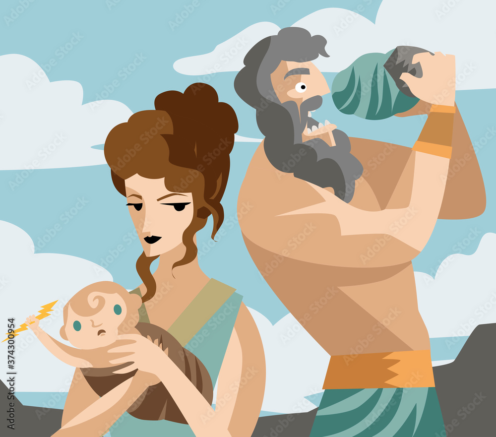 chronos uranus mythology eating a rock and gea hiding zeus baby Stock ...