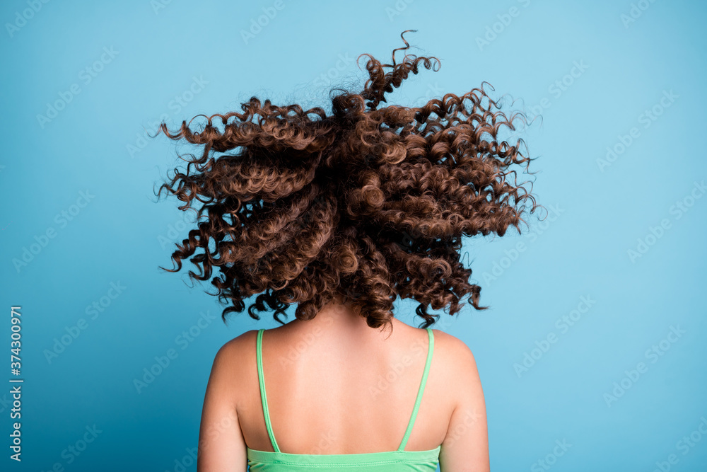 Closeup portrait rear back photo of young lady throwing big extensive ...