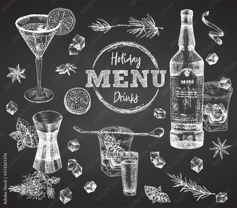 Set bottles Whiskey, vodka, cocktail, rosemary, mint citrus, ice, sugar ...