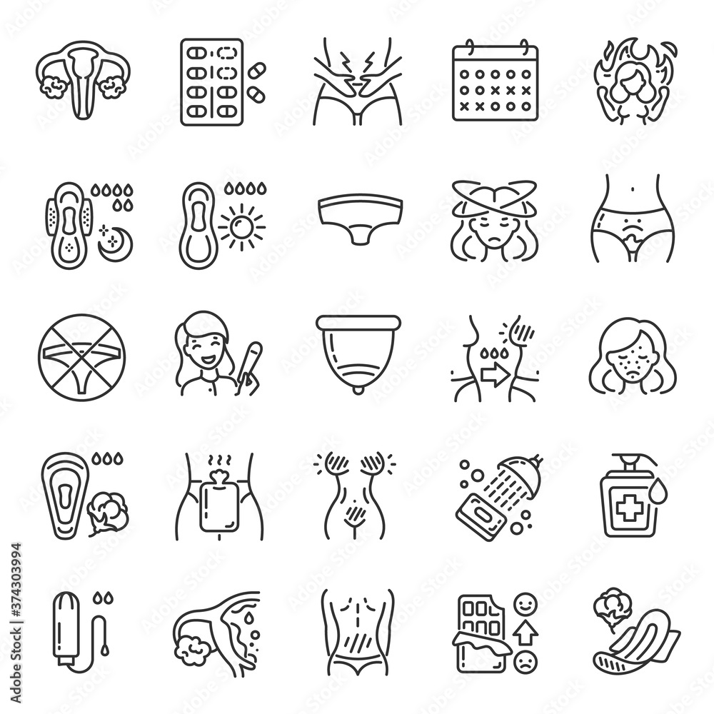 Menstruation symptoms, icon set. Period, monthly, linear icons. Line ...