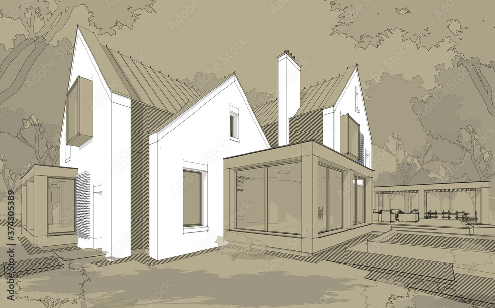 3d rendering of modern cozy clinker house on the ponds with garage and ...