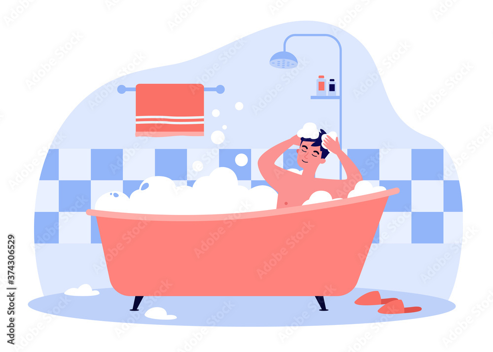 Happy man taking bath in bathtub with foam isolated flat vector ...