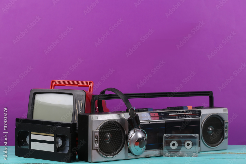 80s Retro outdated portable stereo radio cassette recorder, tv set ...