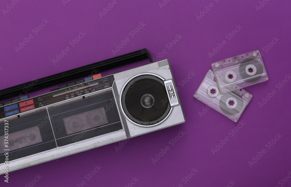 80s Retro outdated portable stereo radio cassette recorder and audio ...
