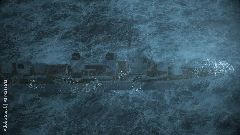 ship sailing in the ocean in a storm with rain and lightning, 3d ...