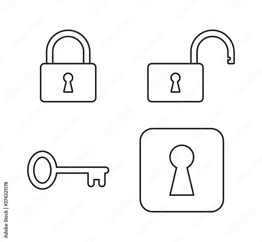 Key, keyhole, lock and unlock icon. Padlock open and closed sign. Log in and log out symbol ...