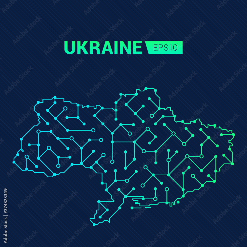 Abstract futuristic map of Ukraine. Electric circuit of the country ...