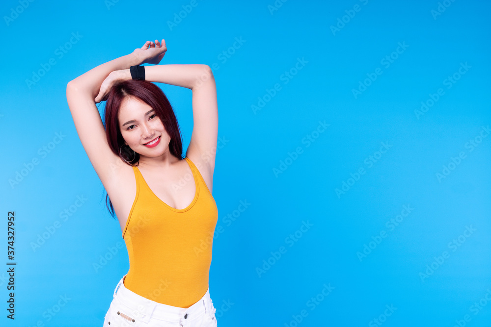 Cheerful elegant young woman showing her armpit clean clear depilation ...