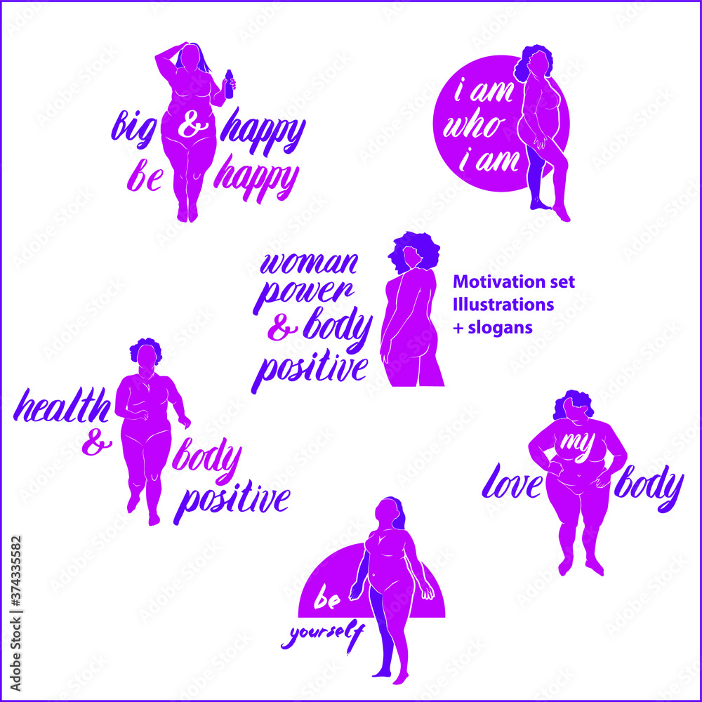 Set of flat vector images of plus-size women silhouettes with hand ...