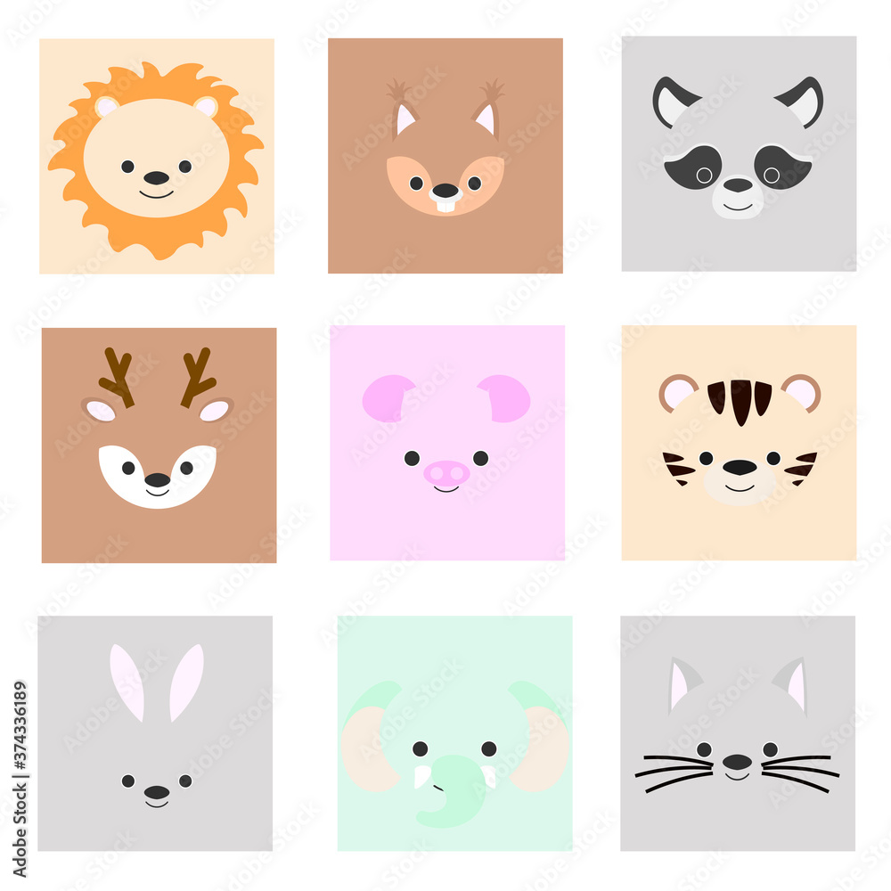 set of cute simple squared animal faces: lion, squirrel, raccoon, deer ...