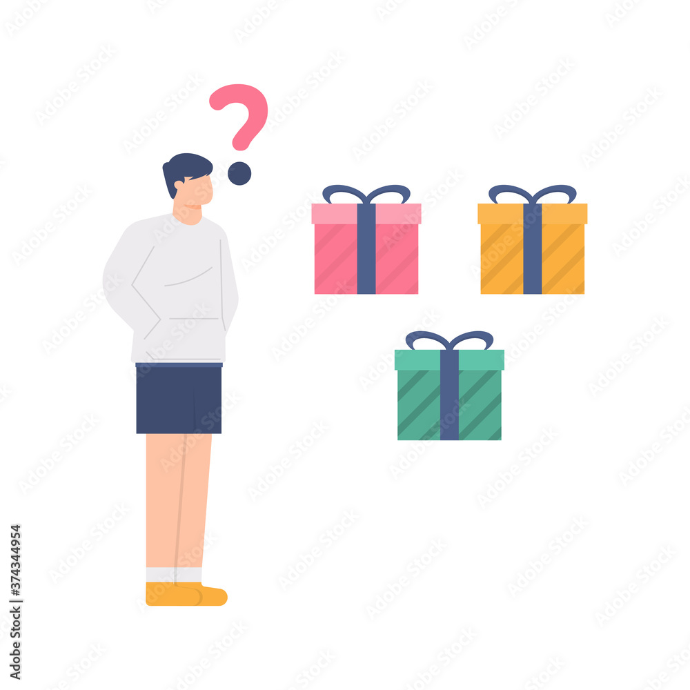 A surprise mystery gift concept. illustration of a man who is confused ...