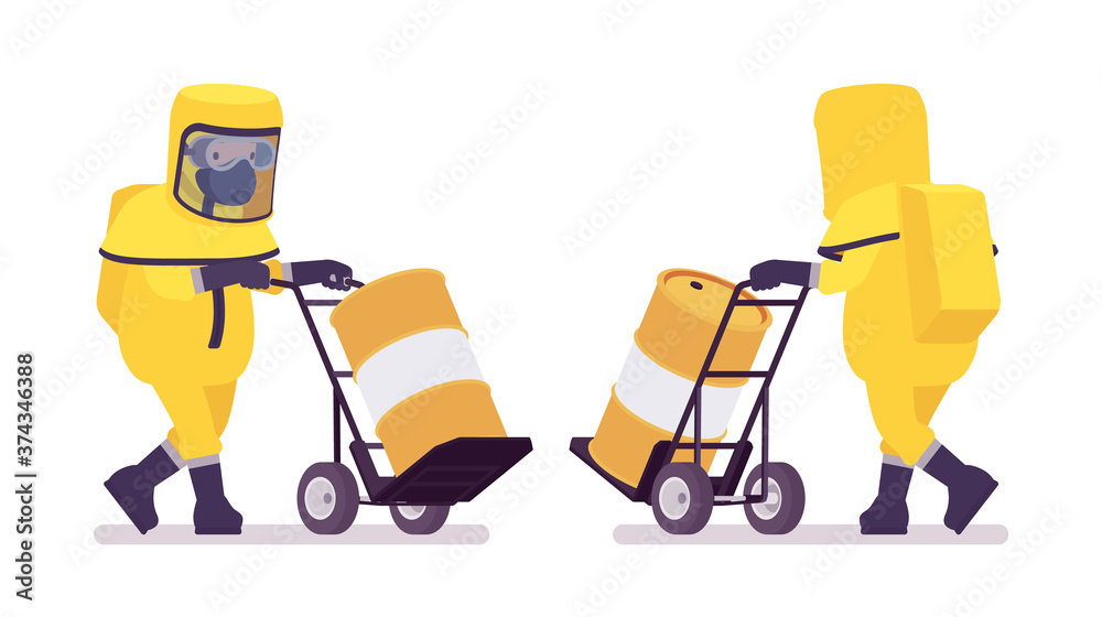 Man, hazmat protective clothing pushing hand truck with radioactive ...