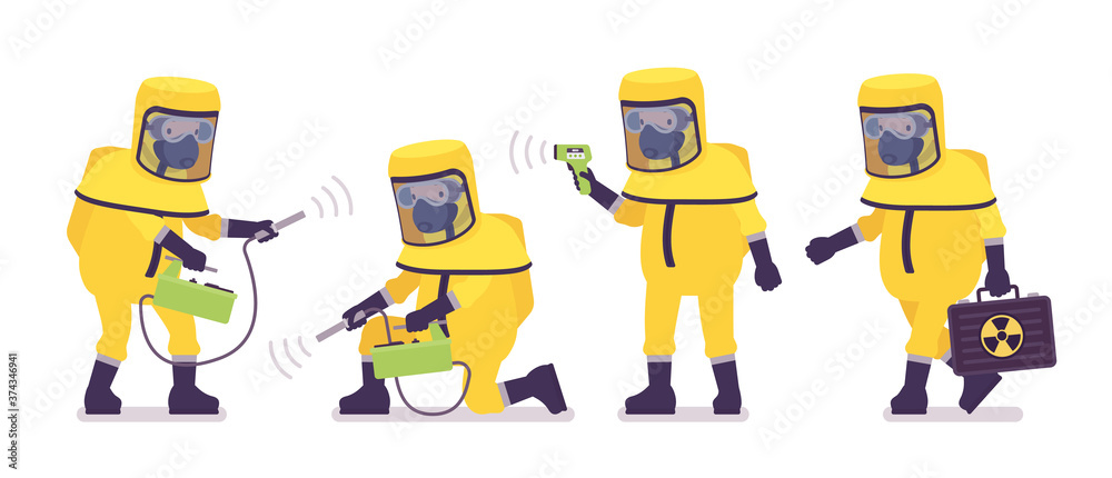 Man wearing hazmat protective clothing holding Geiger counter ...