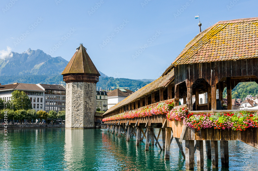 Luzern, Kapellbrücke, Holzbrücke, Wasserturm, Reuss, Fluss, Stadt ...