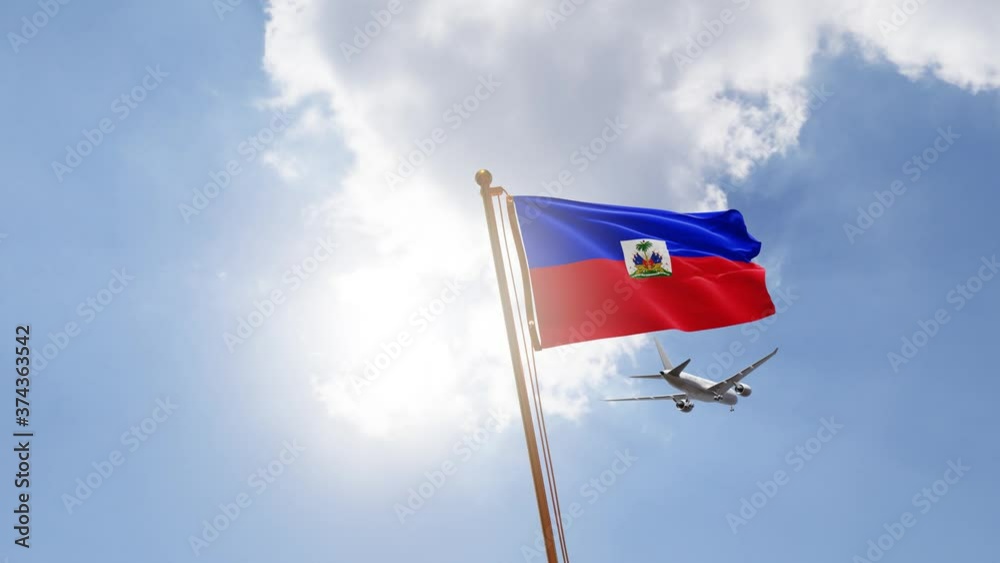 Flag of Haiti Waving with Airplane arriving or departing, Realistic ...