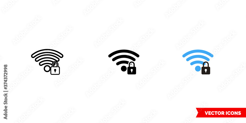 Wi-fi lock icon of 3 types color, black and white, outline. Isolated ...