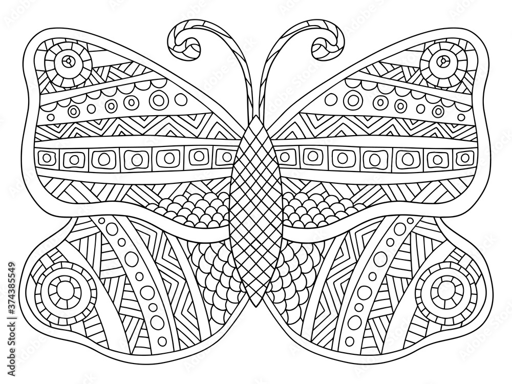 Detailed ornamental symmetry butterfly vector coloring page. Cartoon ...