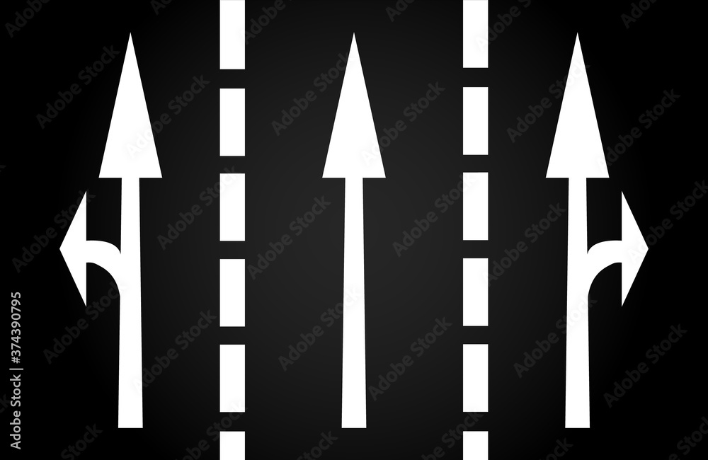 Street white directional arrows on asphalt surface. Road marking lines ...