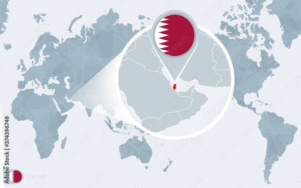 Pacific Centered World map with magnified Qatar. Flag and map of Qatar ...