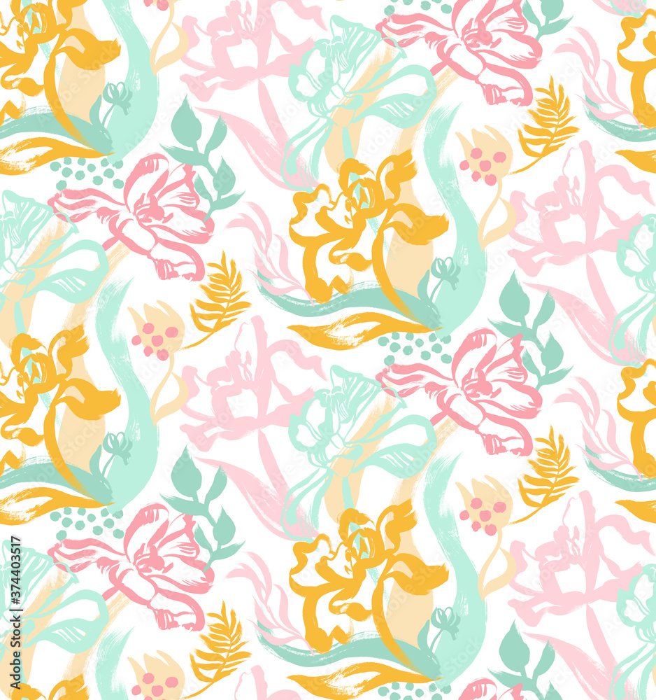 floral pattern with open tulips painted in gouache with a free brush ...