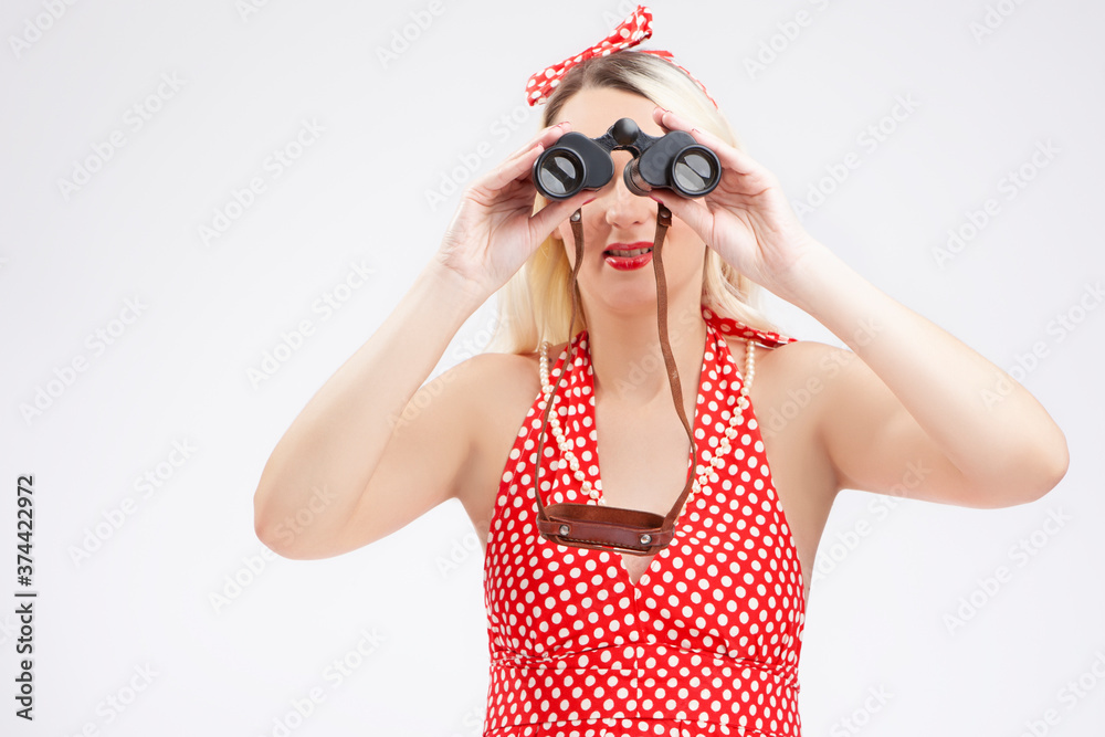 Pin-up Girl. Caucasian Blond Girl Posing in Pin-up Style. Holding ...
