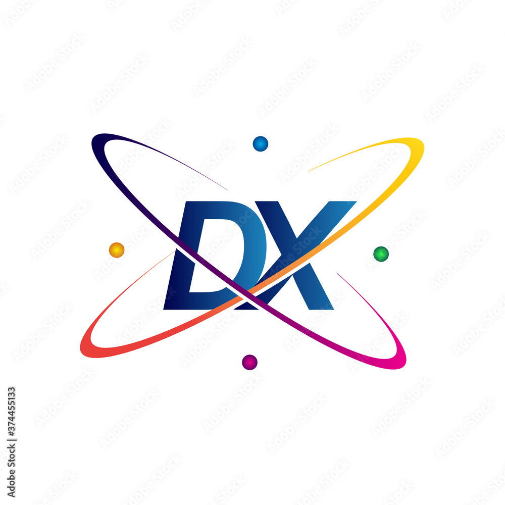 initial letter DX logotype science icon colored blue, red, green and ...