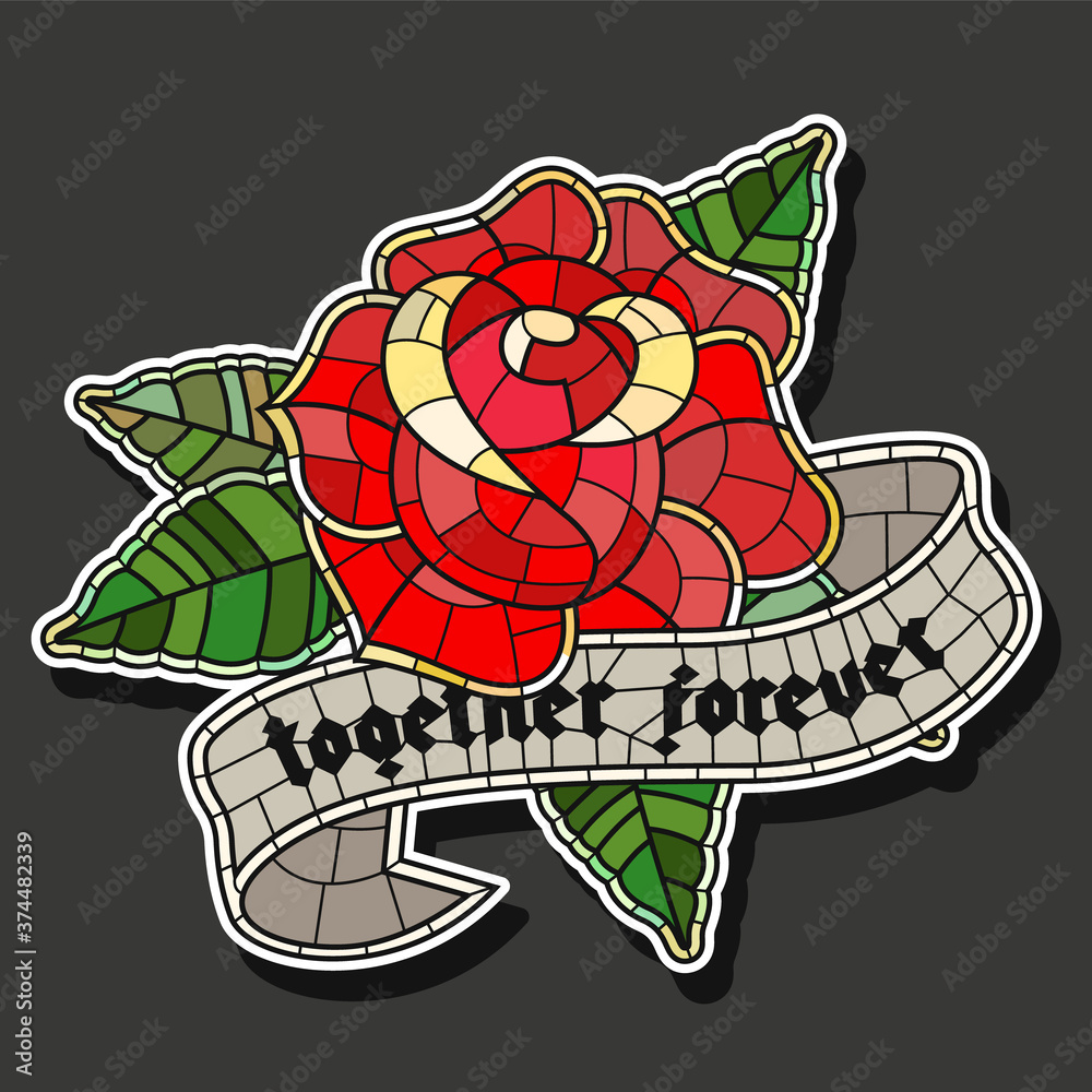 Traditional Tattoo Rose and Ribbon, Stained Glass Mosaic Style Drawing ...