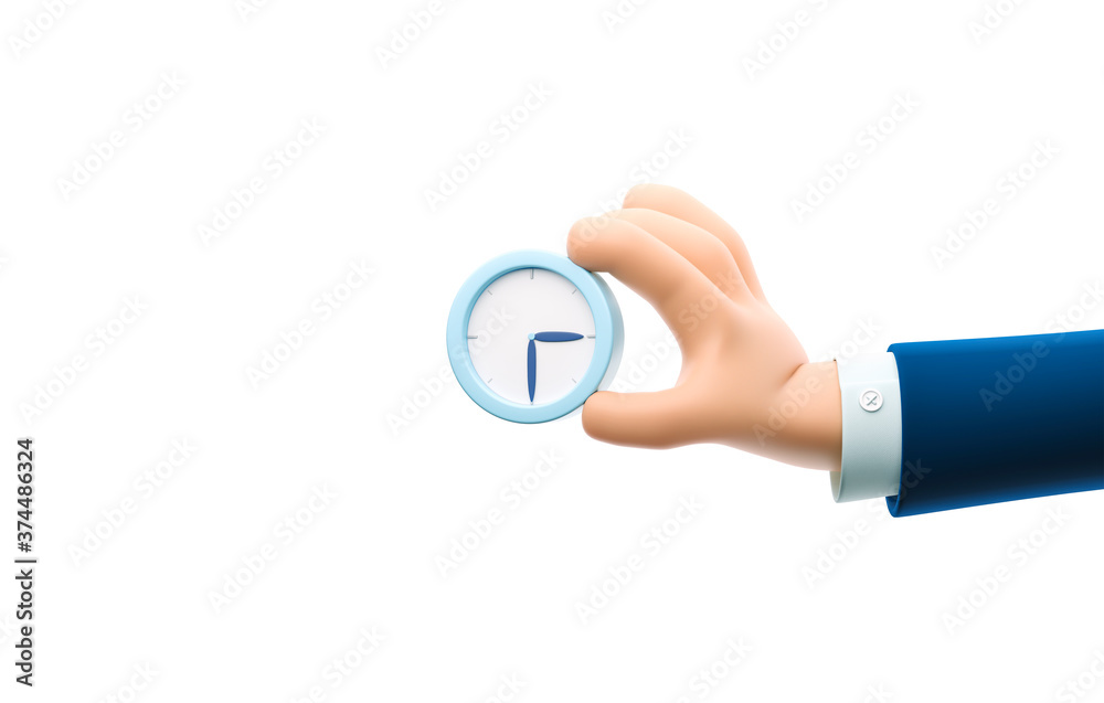 3d illustration. Cartoon businessman character hand holding a watch ...