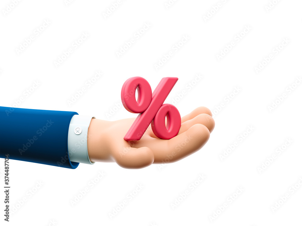 3d illustration. Cartoon businessman character hand holding a percent ...