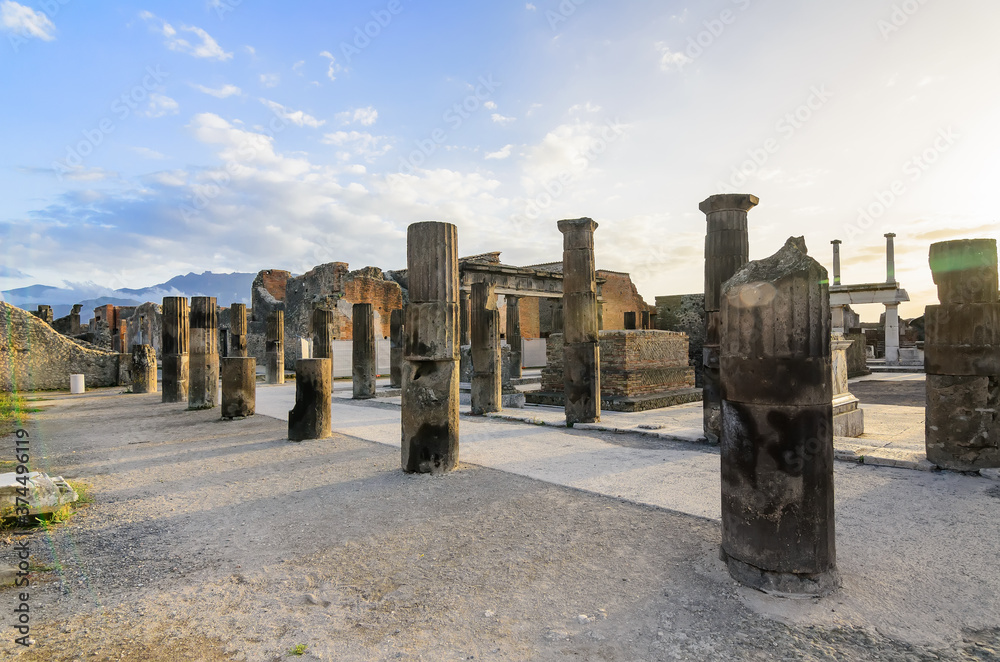 The ruins of Pompeii, streets, walls, courtyards. Largely preserved ...