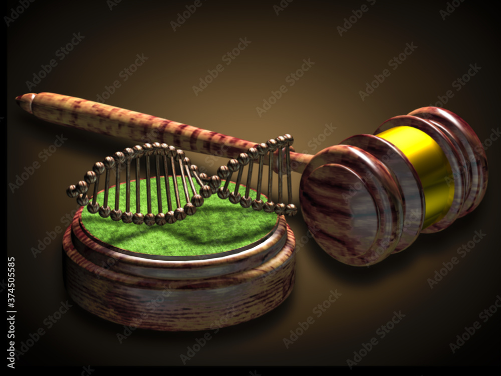 Judge's hammer and human DNA. The gene of a person prone to crime. 3D ...
