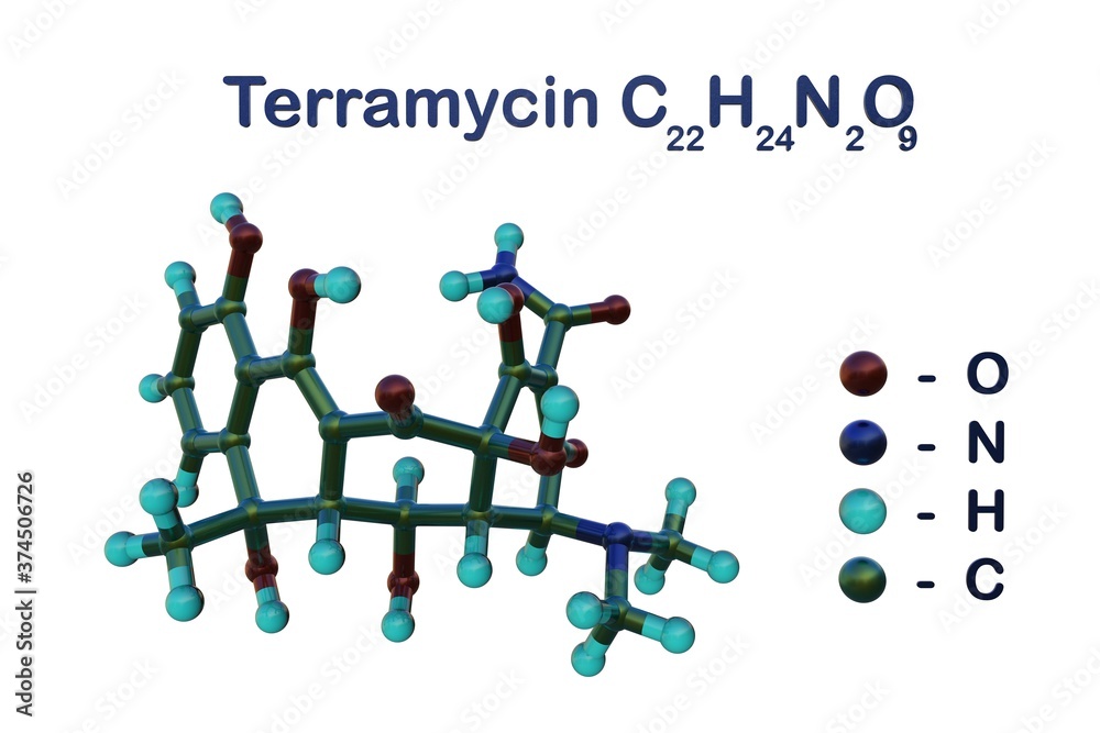 Structural chemical formula and molecular model of terramycin or ...