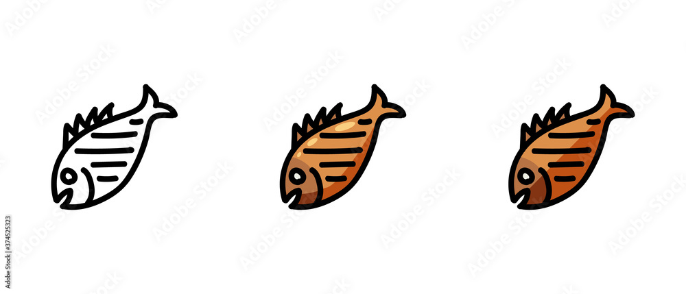 This is a set of icons with different style of grilled fish. Contour ...