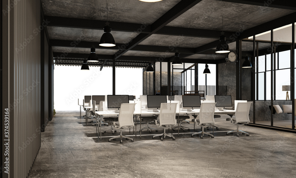Working area in modern office with concrete floor in industrial loft ...