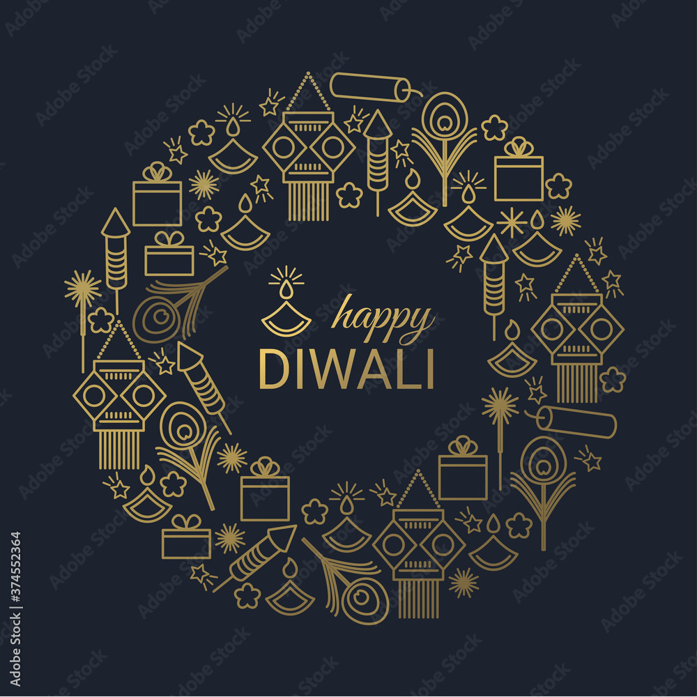 Happy Diwali design with Festival line icons symbols. Vector background ...