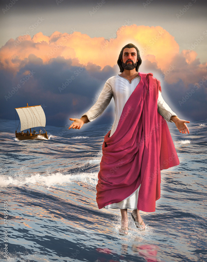 Jesus Christ walking on water with the disciples in a fishing boat ...