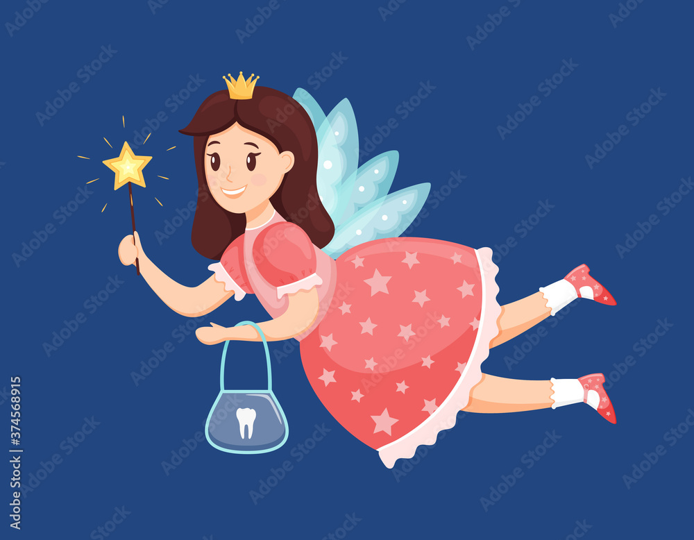 The tooth fairy flies and holds a magic wand and a purse for teeth ...