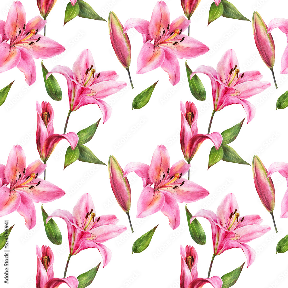 Watercolor seamless pattern with lily, pink lilly flowers, botanical ...