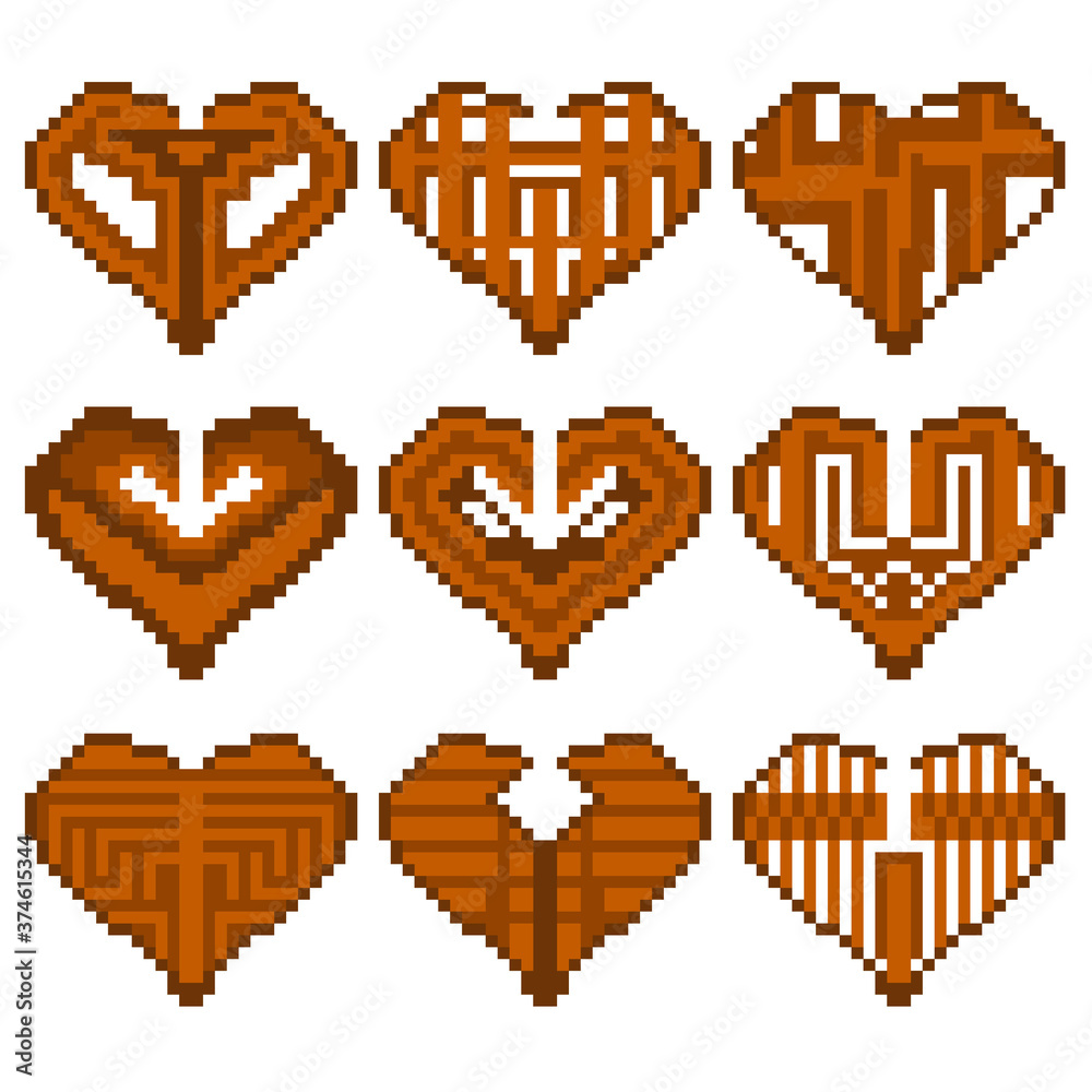 Set of nine pixel illustrations. Set of hearts of different colors and ...