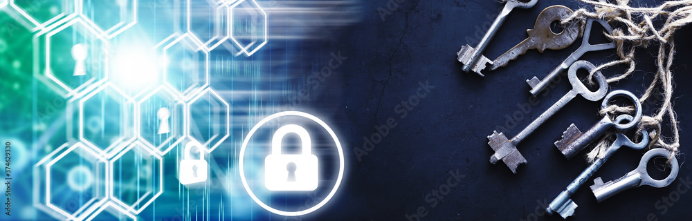 Set of vintage keys for a lock. Retro keys on a dark stone background ...